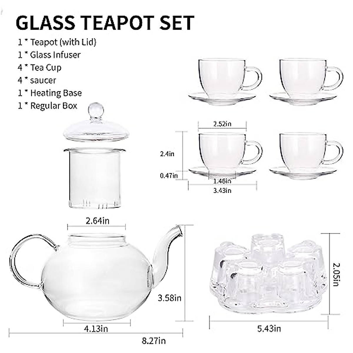Glass Teapot Set, 34OZ/1000ML Glass Tea Kettle with Loose Tea Infuser & Warmer, 5oz/150ML Tea Cup & Saucer Set of 4, Stovetop & Microwave Safe Tea Maker, Blooming Tea Gift Set For Women
