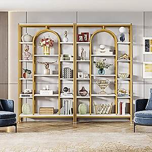 Tribesigns 5-Tier Bookshelf, Modern Tall Bookcase Book Shelf Organizer Freestanding Open Display Shelves for Bedroom Living Room Home Office, 70.8" H x 39.4" L, White/Gold