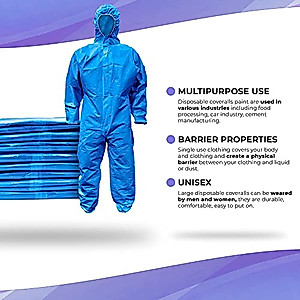 AMZ Disposable Coveralls with Hood, Medium Size. Pack of 5 Blue Hazmat Suits with Front Zip, Elastic Wrists and Ankles. 50 GSM SMS Lab Coveralls. Hazmat Costume Adult. Waterproof Painting Coveralls