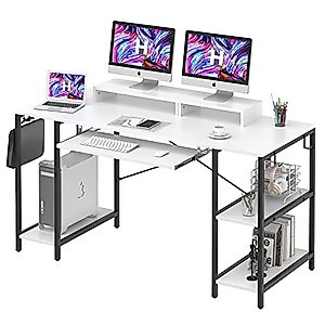 White Desk with Keyboard Tray, 55 INCH Desk with Storage Shelves Modern Computer Desks for Home Office Study Desk with Monitor Shelf Industrial PC Desk Studio Desk with Iron Hooks, Easy to Assemble
