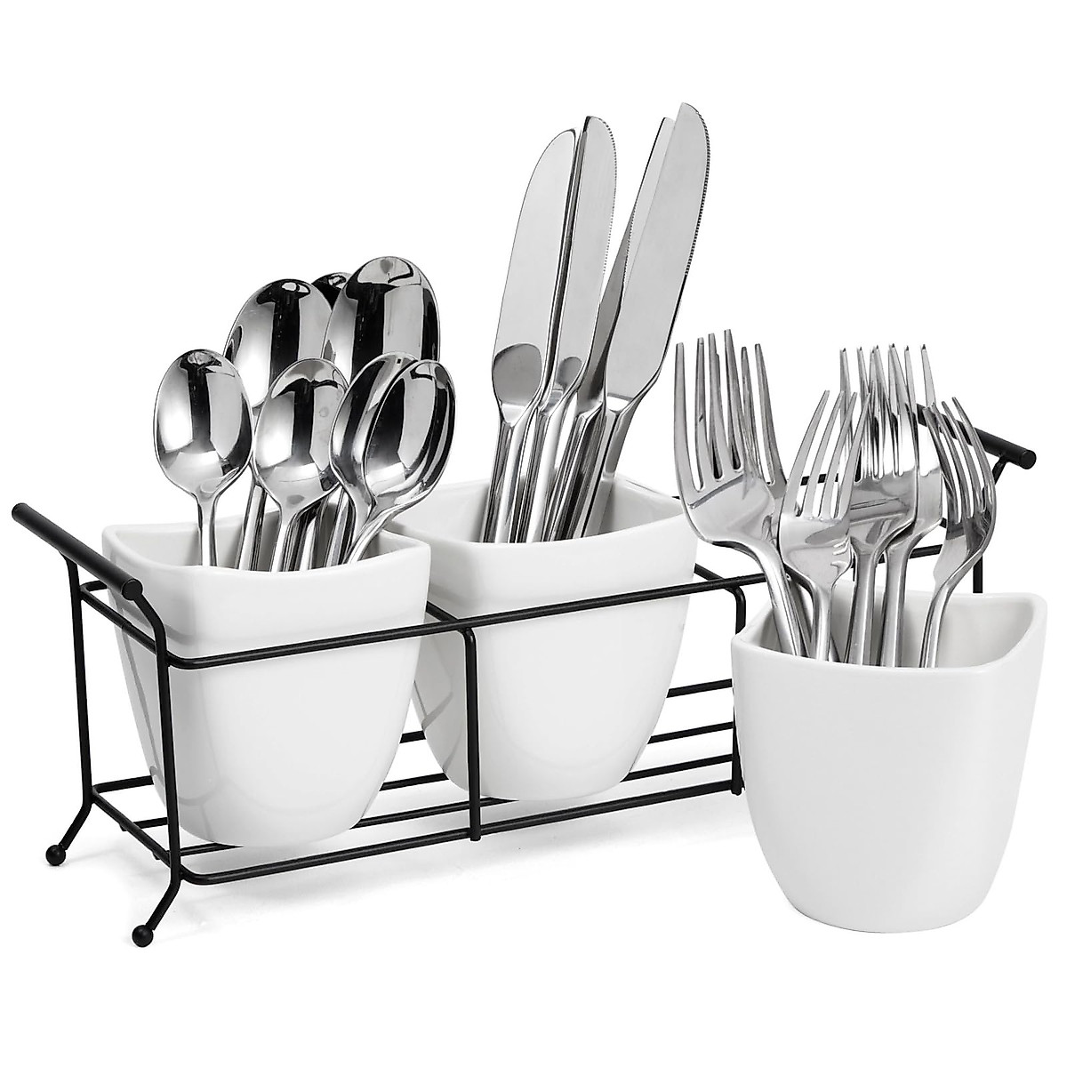 White Ceramic Utensil Holder, Flatware Caddy with Metal Stand (13 x 4 x 5 In)