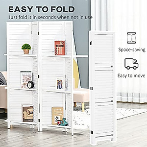 HOMCOM 4 Panel 67" Tall Wood Privacy Screen Room Divider with 3 Display Shelves, and Folding Storage for Bedroom or Home Office, White