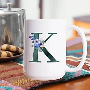 Christmas Funny White Ceramic Coffee Mug 15oz Blue Floral Green Initial Letter K Monogram Alphabet Coffee Cup Humorous Tea Milk Juice Mug Novelty Gifts for Xmas Colleagues Girl Boy