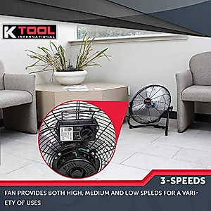 K Tool International 77721; 18” Floor Fan; Commercial, Residential, and Industrial Use, 3 Speed High Velocity Motor, Multiple Angle Tilt for Various Positions, 2,447 Max CFM, 1 Year Warranty, Black