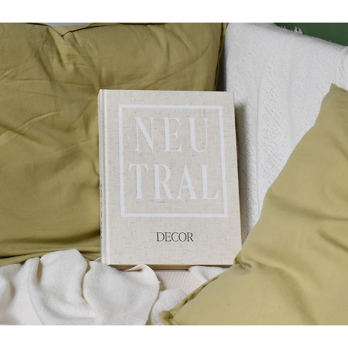 Kigan Home Linen Decorative Book - Real Hardcover Neutral Midcentury Modern - Wooden Bead Garland for Coffee Table Decor, Modern or Boho Home Decor, Shelves, Fireplace Mantel