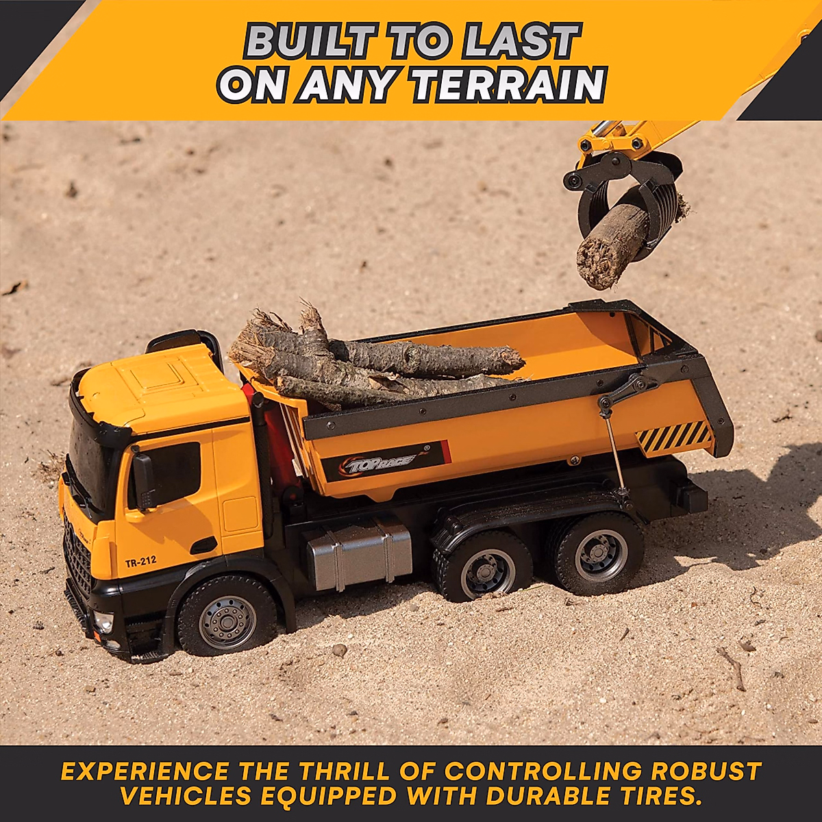 Top Race Remote Control Dump Truck Toy - 1:14 Scale Heavy-Duty Construction Vehicle with 7 lb Load Capacity, Strong Engines and Rubber Tires - RC Dump Truck for Kids - Realistic Construction Fun