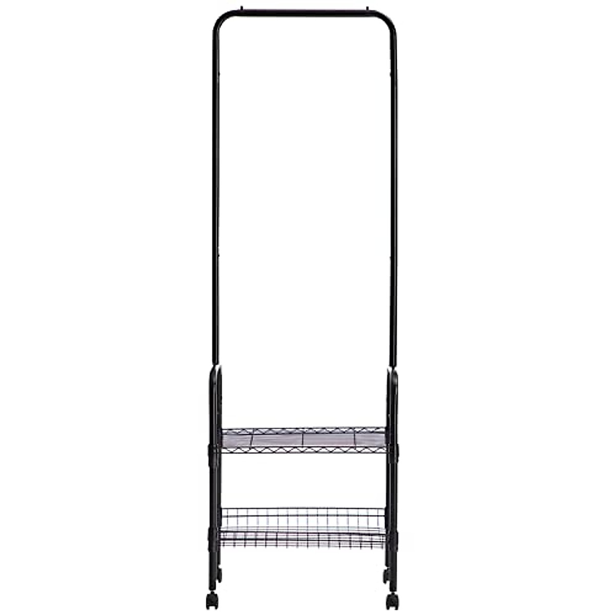 MATICO 2-in-1 Metal Garment Rack with Clothes Hanger, 2 Tier Wire Coat Storage Organizers Laundry Holders with 1 Metal Shelf and 1 Basket for Home and Dormitory, Black