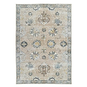 Kaspene Home - Machine Washable Thin 3x5 Area Rug - Oriental Vintage Blue and Brown, Bedroom, Hallway, Bathroom, and Entryway - Stain and Water-Resistant - Non-Slip - Pet and Kid Friendly
