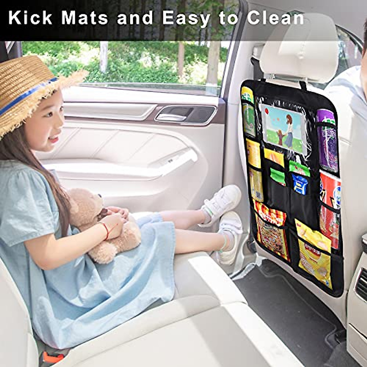 Exptolii Car Backseat Organizer, Seat Back Protector Kick Mats with 10" Tablet Holder and 10 Storage Pockets for Kids, Toddlers, Travel Accessories (1 Pack)