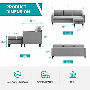 BALUS Convertible Sectional Sofa Couch, 3-Seat L-Shaped, Free-Form with Movable Storage Ottoman, Modern Design for Living Room and Office Spaces, Comfortable and Versatile（Light Gray）