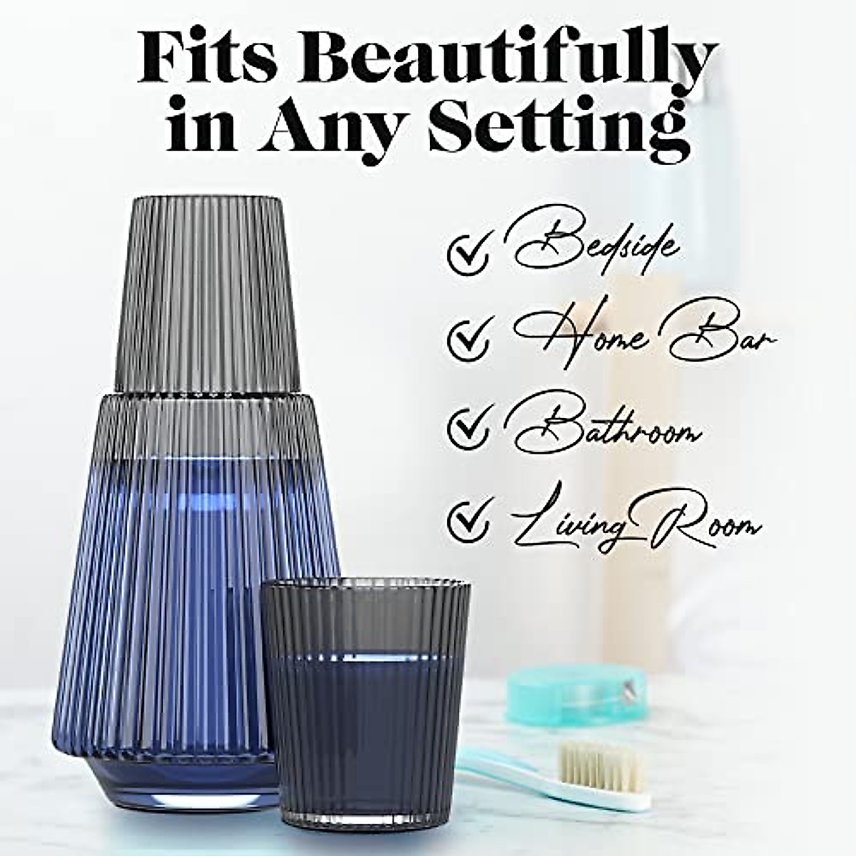 American Atelier Vintage Bedside Water Carafe with Tumbler – 37 Oz Ribbed Pitcher and Matching Drinking Glass Doubles as Lid for Guest Room, Office, or Gift, 4.5”x 9.25" (Gray)