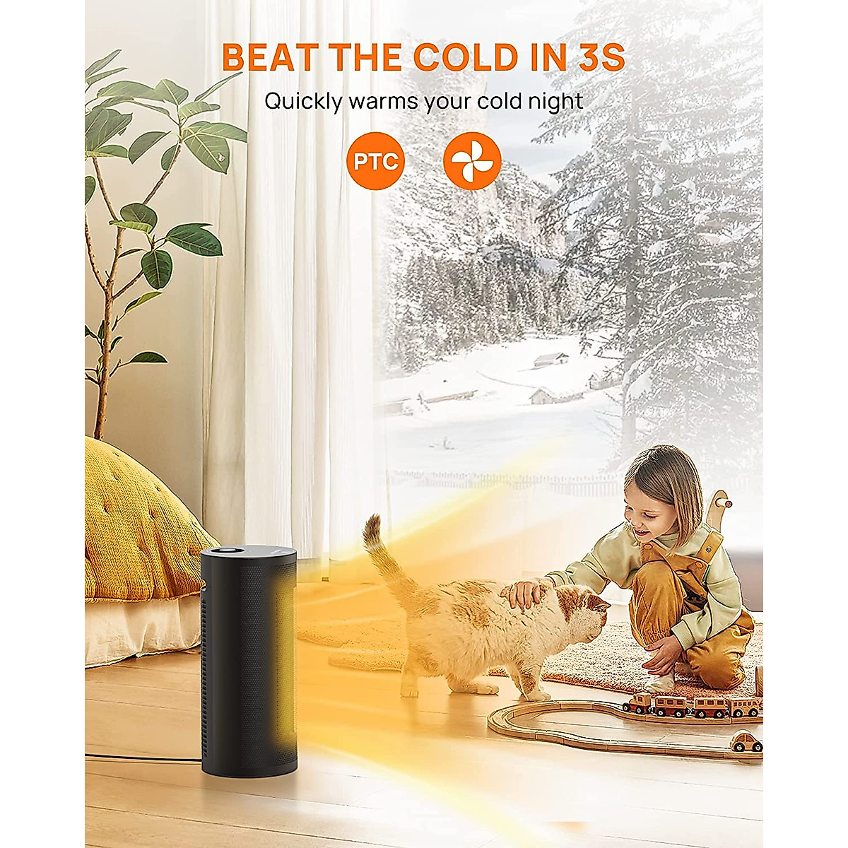 Space Heater for Indoor Use, 1500W Fast PTC Ceramic Heating, 3s Instant Heating, 70° Oscillating,Tip-Over Protection, Small Heater for Office, Bedroom and Desk Use, Black