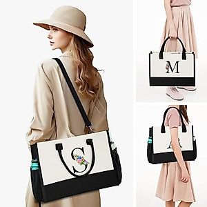 QLOVEA Birthday Gifts for Women Friendship,16oz Heavy Duty Initial Canvas Beach Bags with Strap and Inner Pocket, Unique Wedding Gift for Mom, Friends, Bridesmaids, Reusable Grocery Bag Letter M