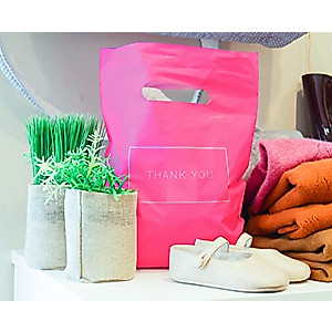 Purple Q Crafts Pink Die Cut Plastic Shopping Bags with Thank You Logo 9" x 12" Boutique Bags with Handles 50 Pack for Merchandise, Gifts, Trade Shows and More