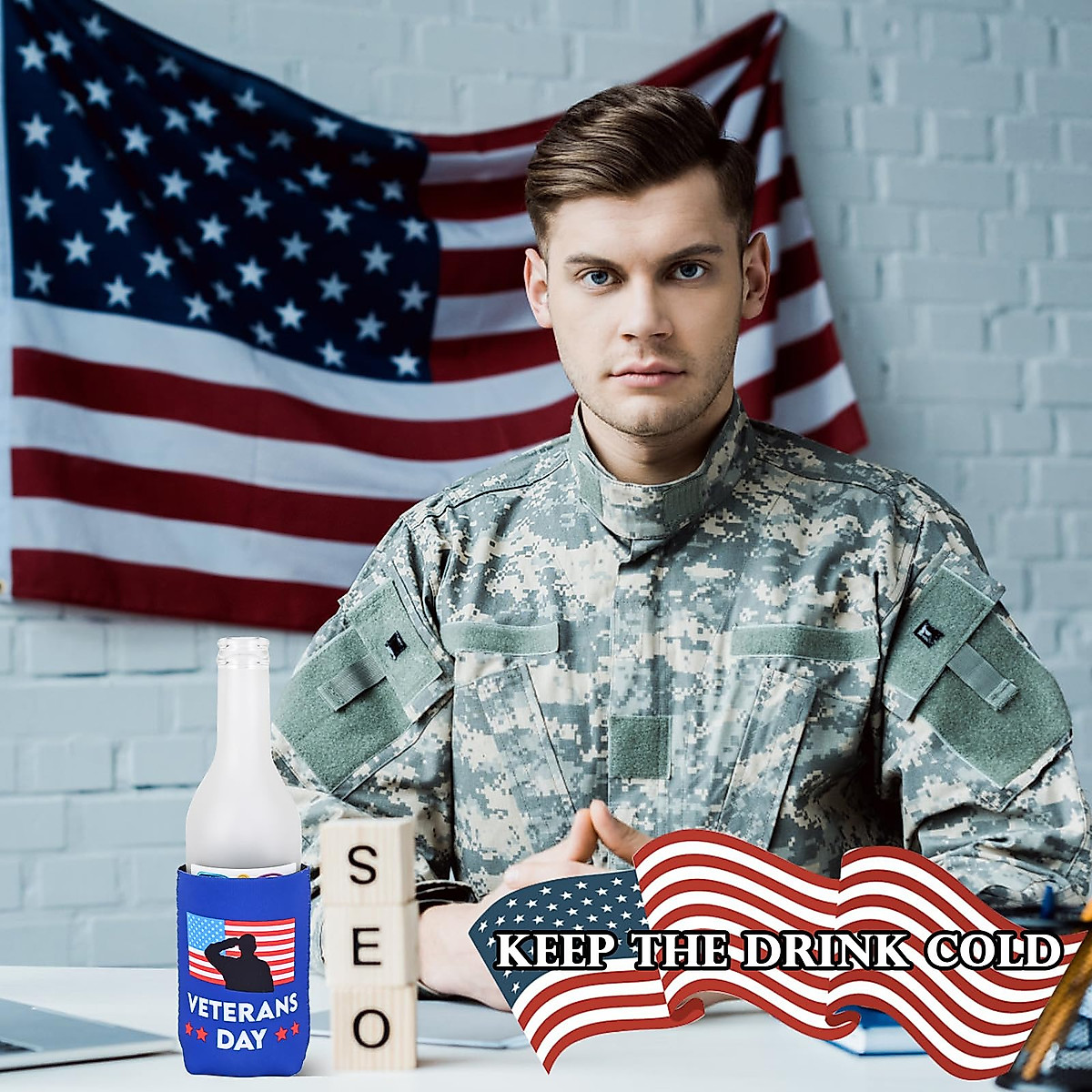 Veterans Day Gifts for Men 24 Pcs American Flag Bottle Cooler Sleeves Gifts for Veterans Collapsible Insulation Cover for Veterans Day Patriotic Home Office Table Party Decorations, 12 oz