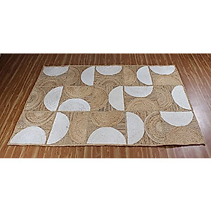 Casavani Indian Hand Braided Rag Rug Geometric Beige & White 3x5 Ft Rectangular Shape Jute Rug Home/Office Doormat Rugs For Bedroom,Dining Room & Kitchen 11x11 Feet Square