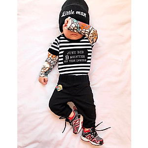 Baby Boy Clothes 0-3 Months Fake Tattoo Sleeve Just Did 9 Months On The Inside Funny Baby Romper Rockabilly Bodysuits +Little Man Hat + Skull Pant 3PCS Outfits Set
