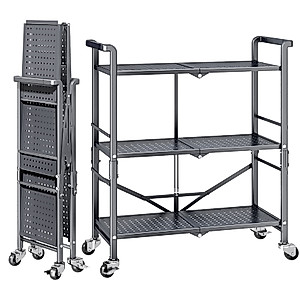3 Tier Rolling Utility Cart - Metal Folding Cart with Wheels, Collapsible Service Cart Storage Shelf Rack for Kitchen, Office, Garage, Plant, Outdoor cart