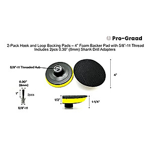 Pro-Graad 2 Pack 4" Hook and Loop Backing Pads Foam Backer Pad with 5/8”-11 – 4 inch Backup Pads for use with Angle Grinder or Drill Sanding Polishing Discs – Includes 2pcs 0.30” (8mm) Shank Adapters