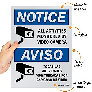 SmartSign (Pack of 5) 12 x 9 inch “Notice - All Activities Monitored By Video Camera” Bilingual Sign, Screen Printed, 10 mil Polystyrene Plastic, Blue/Black on White