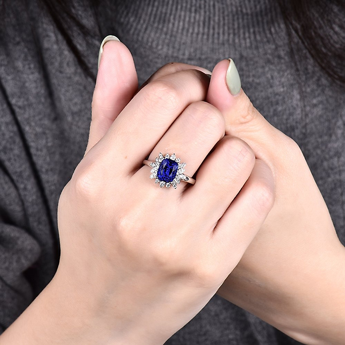 Lanmi 14K White Gold AAA Natural Blue Tanzanite Diamonds Rings Engagement Wedding Band for Women