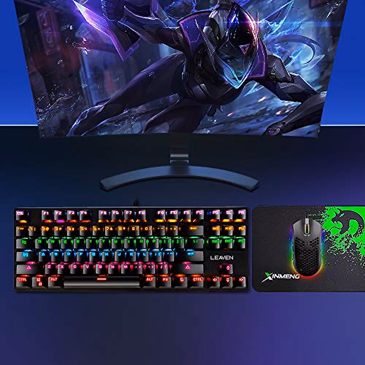 Mechanical Gaming Keyboard and Mouse Combo,87 Keys Compact Rainbow Backlit Keyboard,RGB Backlit 6400 DPI Lightweight Gaming Mouse with Honeycomb Shell for Windows PC Gamers