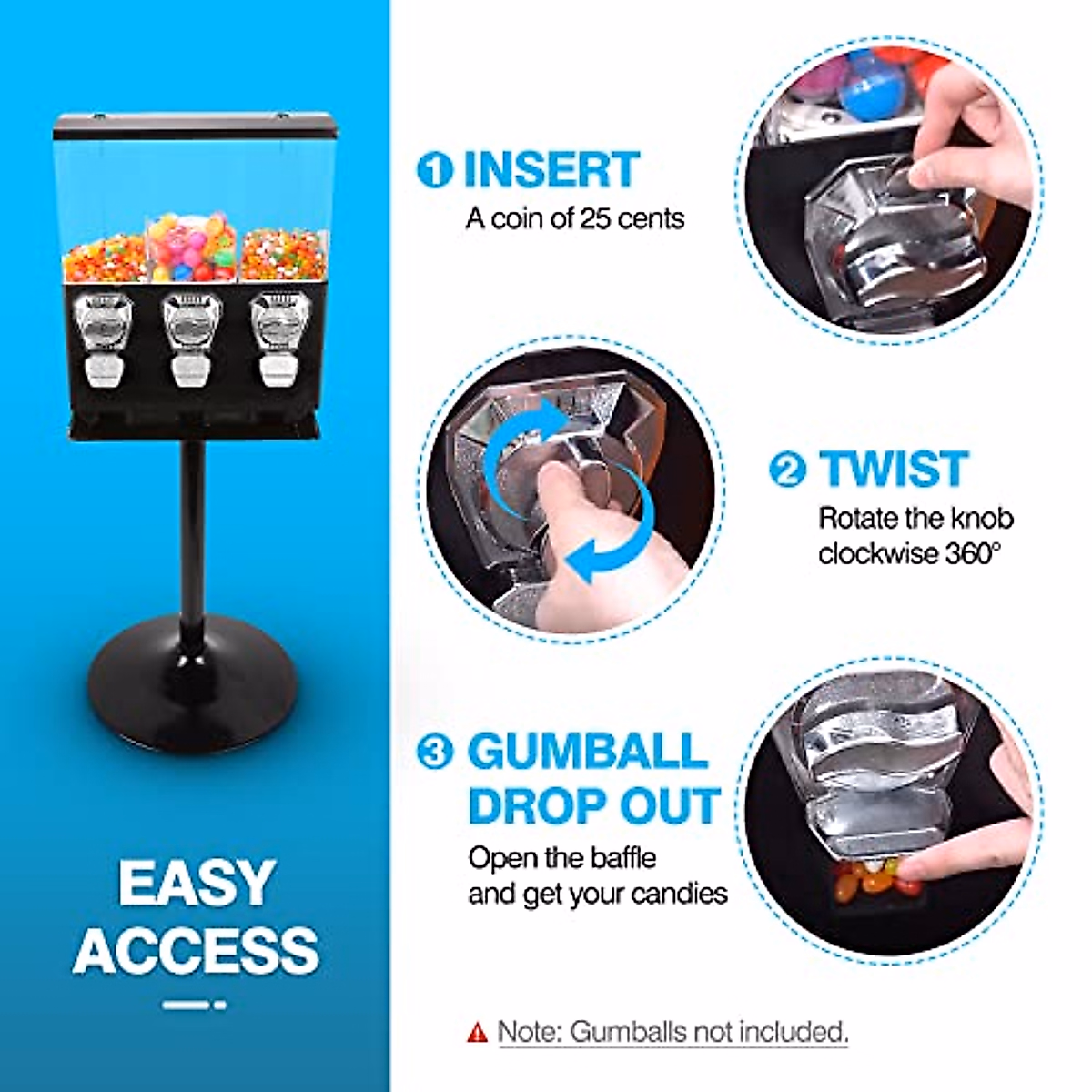 IRONWALLS Commercial Candy Vending Machine with Stand, Black Capsule Toy Gumball Vending Machine for Business, 25 Cent Coin Operated Metal Candy Dispenser Machine with 3 Canisters for Store, Park