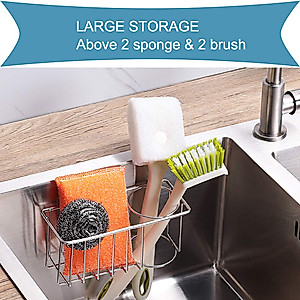 OUKALU Sink Organizer Adhesive Sponge Holder with Brush Holder, 2-in-1 Sink Caddy for Kitchen, SUS304 Stainless Steel Rustproof Waterproof,No Drilling