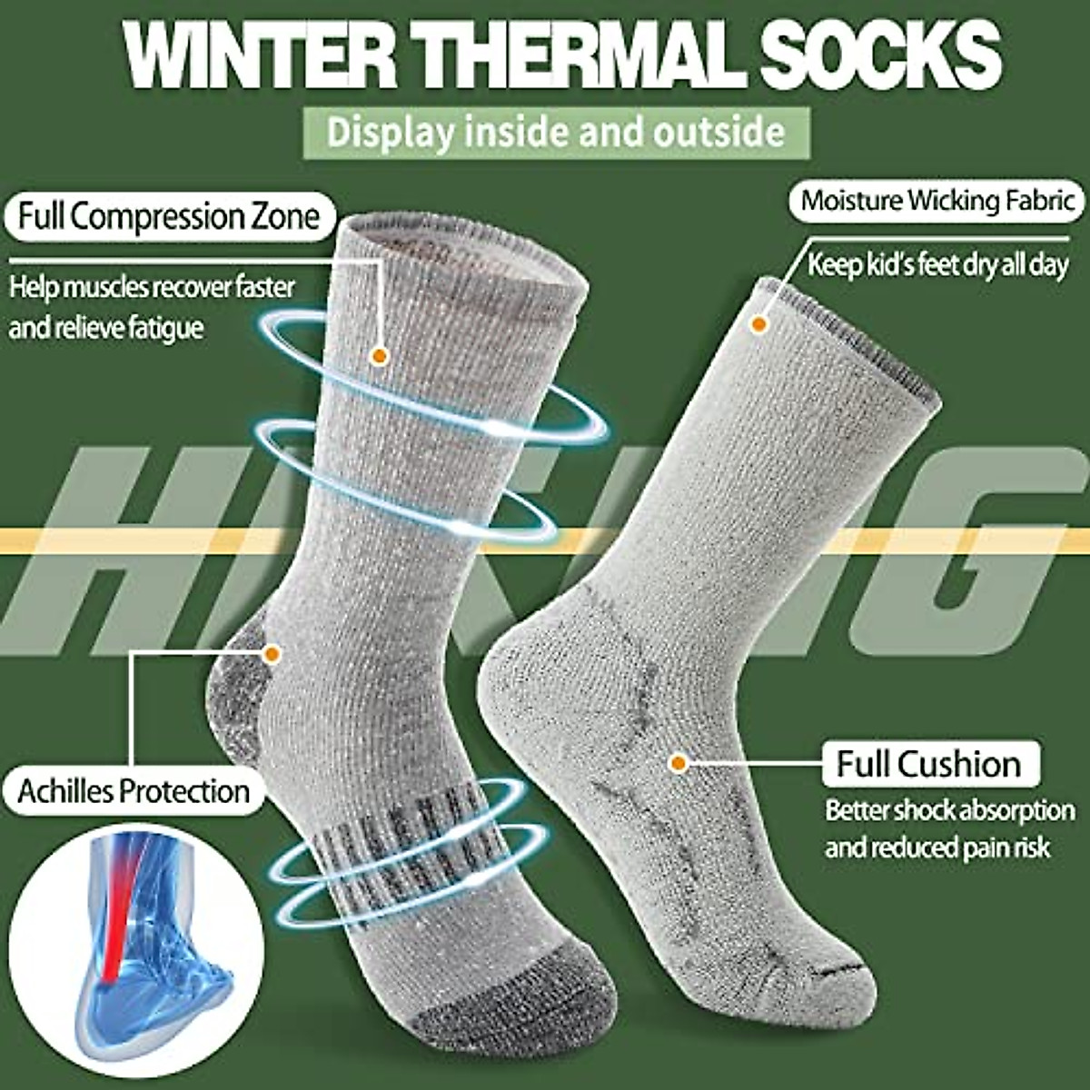 Sandsuced Kids Merino Wool Hiking Socks Girls Boys Winter Thermal Warm Cozy Boot Thick Cushion Gift Stocking Stuffers Socks 4 Pairs(Grey,4-7 Years)