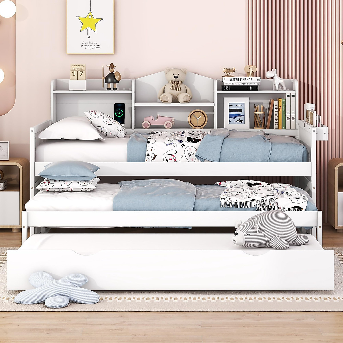 Merax Wooden Storage Shelf, Twin XL Daybed with 2 Trundle, White