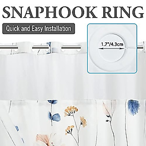 WITHLOC No Hook Shower Curtain with Snap in Liner - Watercolor Floral Shower Curtain - Fabric Waterproof Inner Liner, Plants Blue Beige Flowers White Cloth Shower Curtains Washable, 71 x 74 Inch