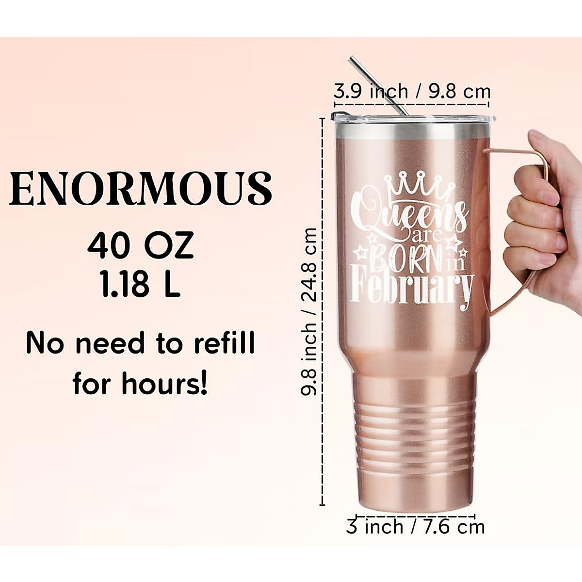 Onebttl Funny Birthday Gifts for Women, Her, Birthday Queen, 40 oz Tumbler with Handle, Rose Gold, Queens are Born in July