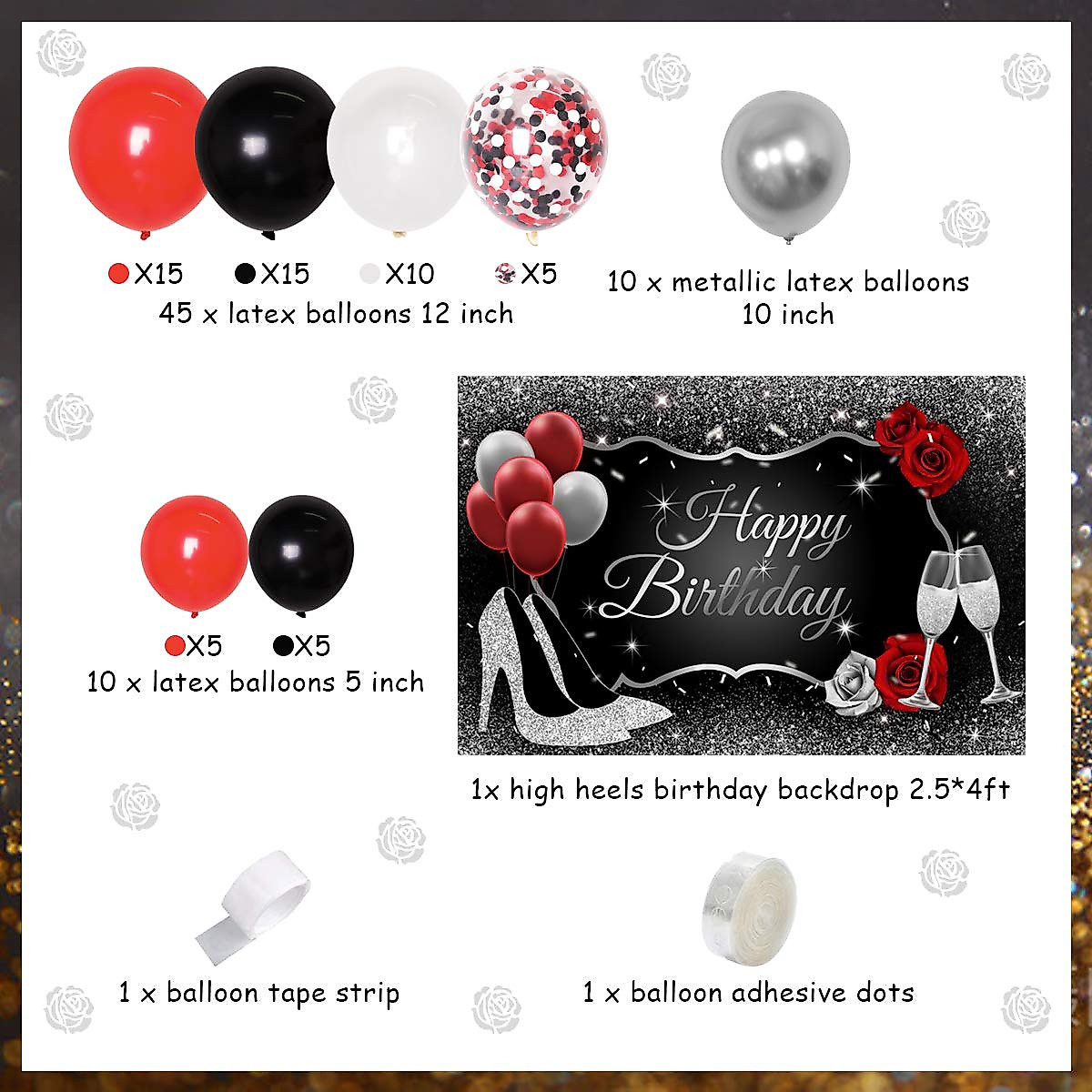 Red Black and Silver Party Decorations for Women Birthday Party Supplies Red Black and Silver Balloon Garland Silver Glitter Happy Birthday Backdrop High Heels Champagne Glass Background