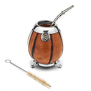 BALIBETOV [New Handmade Yerba Mate Gourd Set - German Silver Trim and Base - [Mate Cup] with Bombilla [Yerba Mate Straw] (Natural)