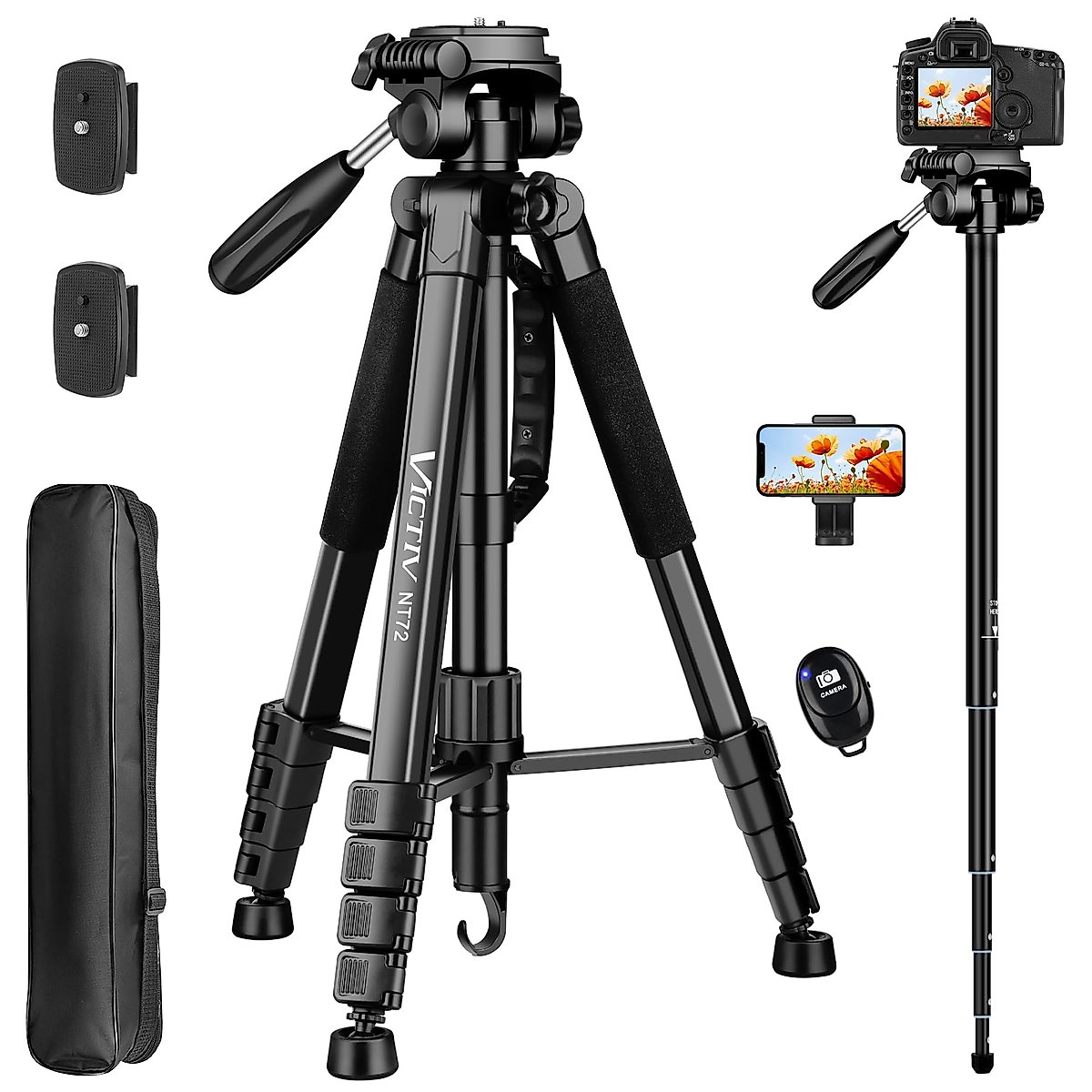 Tripod for Camera, 75 inch Tall Camera Tripod with Remote, Professional Heavy Duty Tripod for DSLR, Spotting Scopes, Binocular, Cell Phone, Compact Camera Stand Tripod, Compatible with Canon Nikon