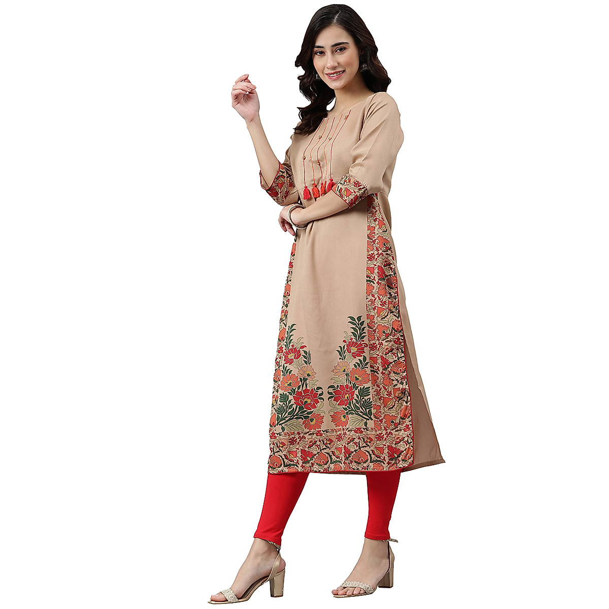 Janasya Indian Women's Tunic Tops Poly Silk Kurti for Women(JNE2305-KR-533-M) Brown