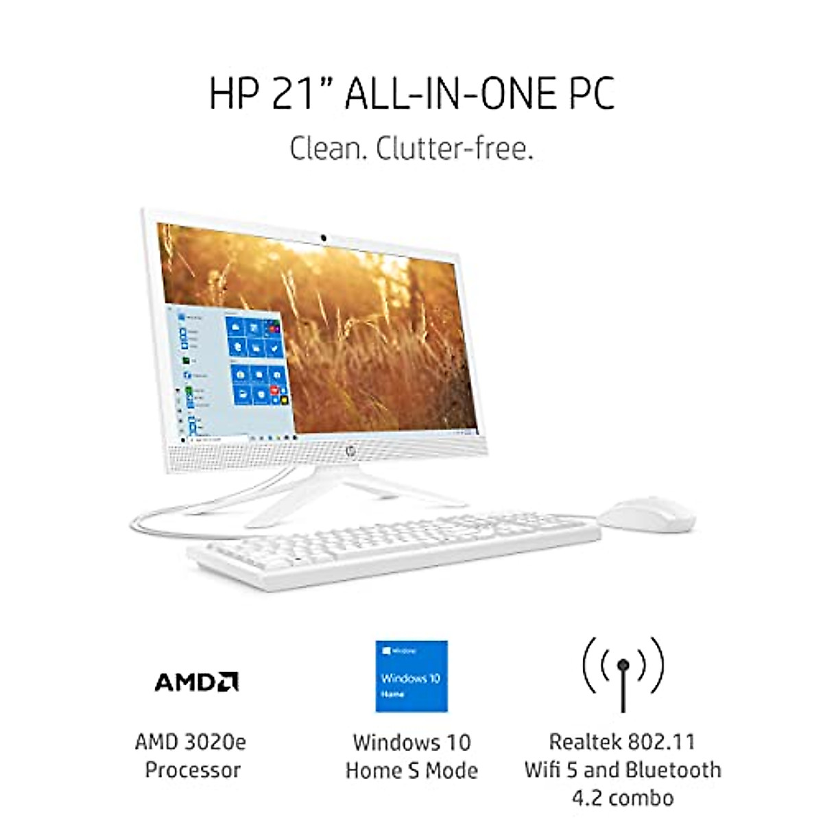 HP 21 All-in-One PC, AMD 3020e Processor, 4 GB RAM, 128 GB SSD Storage, 20.7-inch Full HD Display, Windows 10 Home in S Mode, Adjustable Screen, Privacy Camera, Dual-Array Mics (21-b1010, 2021)