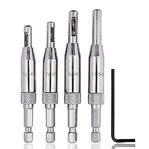 Saiper 4pcs HSS Door Self Centering Hinge Hole Opening Drill Bit Set, 1/4" Hex Shank Doors Cabinet Hinge Drill Bits Tool Set (5/64", 7/64", 9/64", 11/64")