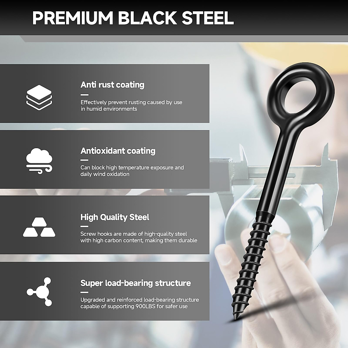 XIEKRAB 7 inch Eye Bolts - 4 Pcs Eyes Hooks Screw Heavy Duty 900 lbs Breaking Strength Black Rust-Resistant, Self Tapping Eyelet Screw for Wood Securing, Hammock Stand, Indoor & Outdoor Use