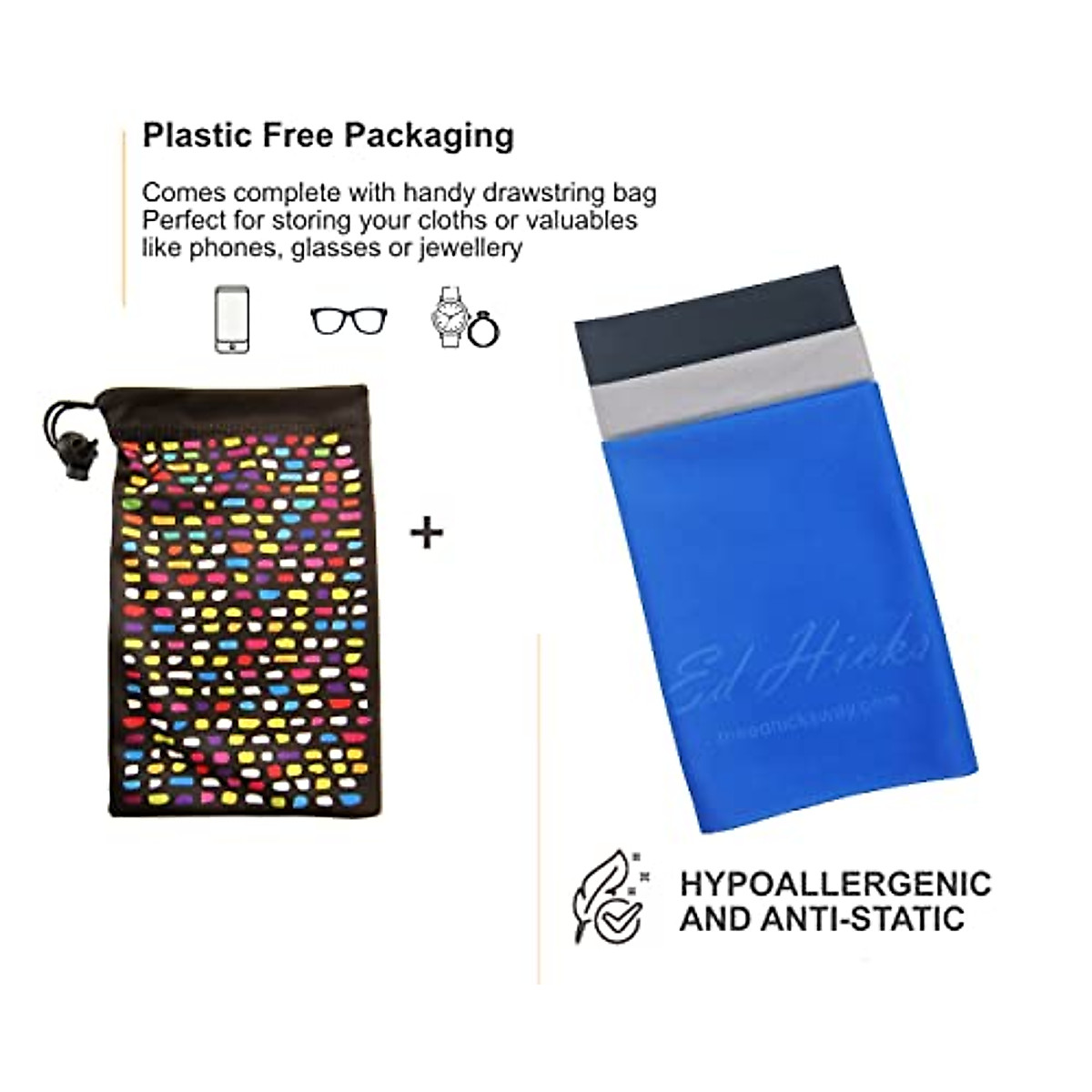 Ed Hicks 3 Large Premium Microfiber TV Screen Cleaning Cloths [12” x 12”] for Cleaner LCD LED OLED Screens, iPad, Laptop Computer | Storage Pouch | Chemical Free | Anti-Static | 1 Black 1 Blue 1 Grey