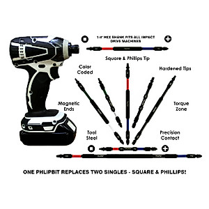 PHLiPBiT - Double-End, Impact Rated Screwdriver Power Bit, IRPB6SQPH2-5, SQ2+PH2, 6 INCH, 5pk. (SQ2 Red drives #8/10 Square + PH2 Blue drives #8/10 Phillips Screw)