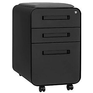 Laura Davidson Furniture STOCKPILE Curve Seated 3-Drawer Mobile File Cabinet with Removable Magnetic Cushion Seat - Metal Filing Cabinet, Pre-Assembled, White with Light Grey Cushion