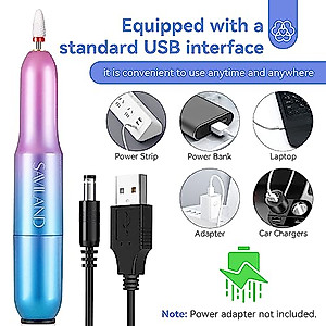 Saviland Portable Electric Nail Drill - 20000 RPM USB Electric Nail File with 7 Nail Drill Bits & 51 Sanding Bands for Nail Prep Acrylic Nails Dip Nails Gel Nails Home Salon Use, Blue-Violet Gradient