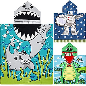 3 Pack Kids Hooded Towel 47 x 24 Inch Baby Beach Bath Towel for Girls Boys Thicker Toddler Swim Towels Ponchos with Hood Cotton Pool Bath Towels Poncho for 1-7 Years (Shark, Astronaut)