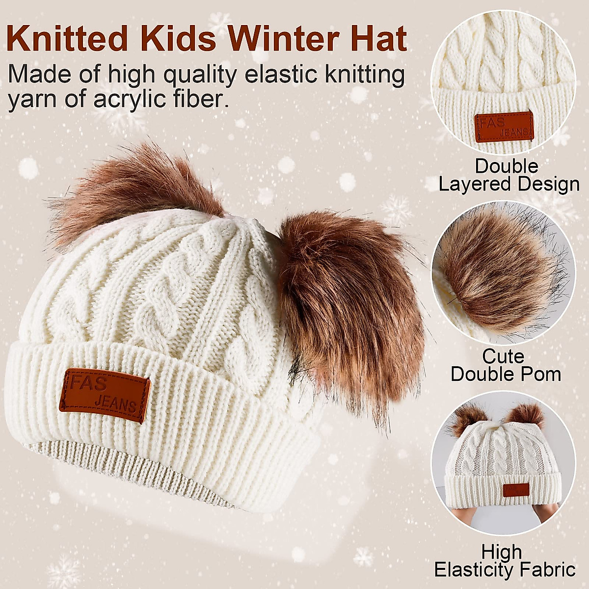 Kids Winter Hat Gloves Scarf Set, Girls Toddler Kids Beanie Hat with Pom Knit Gloves Neck Warmer for Girls Boys (White)