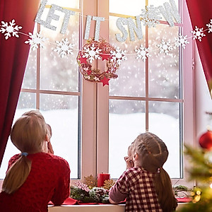 2 Pieces Let It Snow Banner, Glitter Winter Snowflake Banner and White Snowflake Hanging Garland Flag for Holiday Wall Decoration Christmas Party Supply