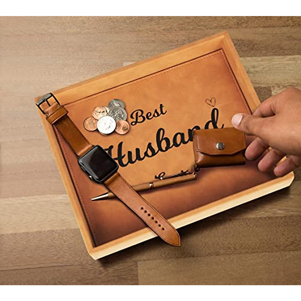 HofferRuffer Faux Leather Jewelry Tray Gifts for Husband, Valet Tray Storage Vanity Tray Desktop Organizer Holder for Storing Jewelry, Keys, Change, Wallet, Phone, Glasses (Best Husband Ever)