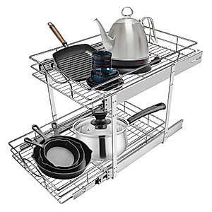 Sikarou Pull Out Cabinet Organizer 14" W x 21" D 2-Tier Individual Slide Out Drawer Pantry Shelf Storage for Kitchen Base Cabinet Organization ​for Kitchen, Bathroom, Pantry, Chrome