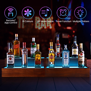 B4Life 2 Pack 16 Inch LED Lighted Liquor Bottle Display Shelf, 2 Tier LED Bar Shelves for Liquor Bottles, Bar Bottle Display Shelf, Lighted Liquor Shelf, Bar Lights for Liquor Shelves
