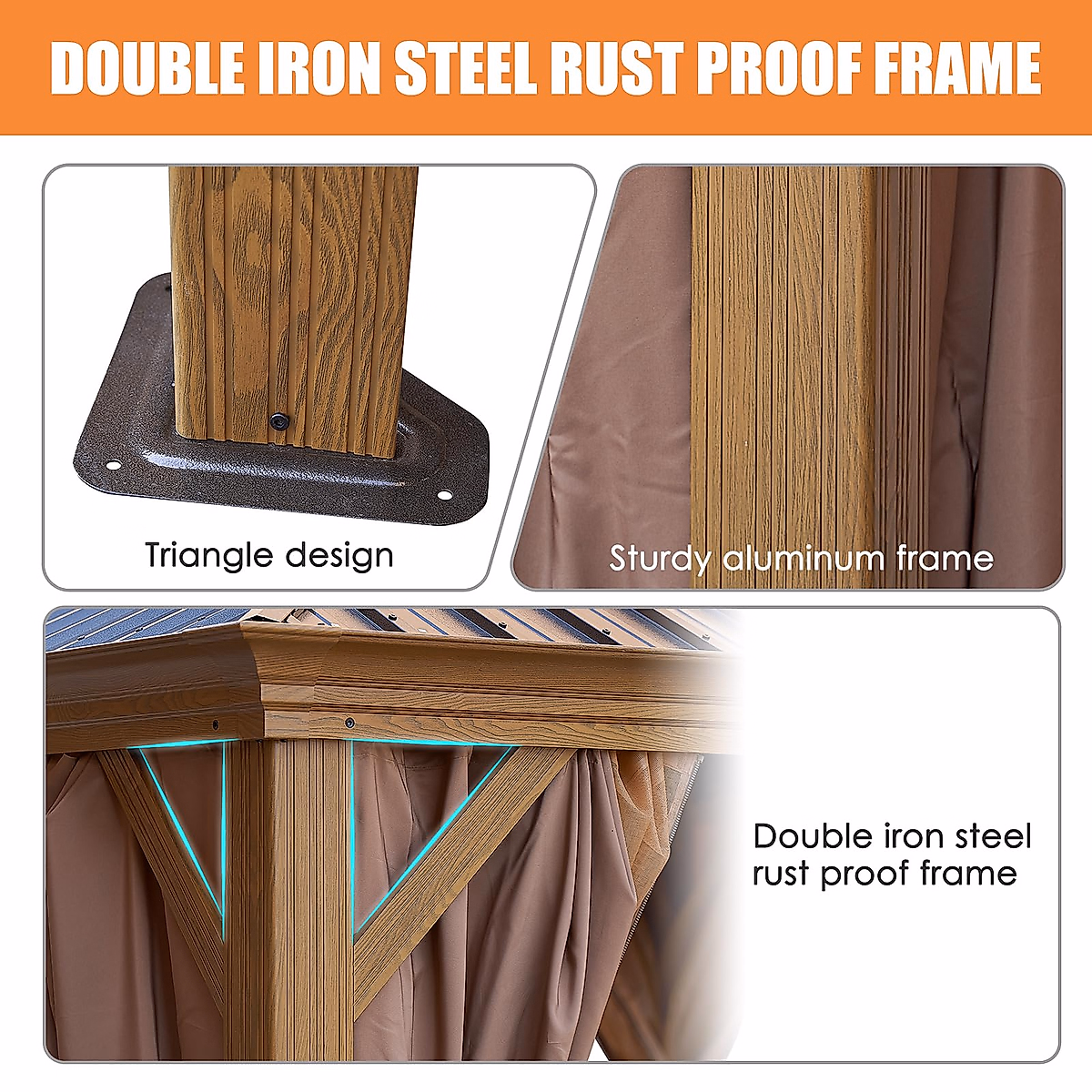 12’ X 12’ Hardtop Gazebo with Galvanized Steel Double Roof Ventilation Design, Wooden Coated Aluminum Frame Gazebo Canopy with Netting and Curtains Included,Metal Outdoor Backyard Discovery Gazebo